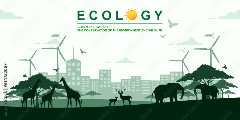 Silhouette of Smart city and Wildlife in the forest, Green energy ...