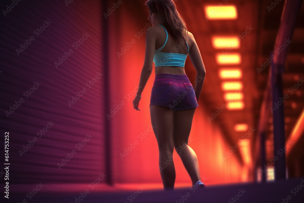 Beautiful woman wearing vibrant short shorts walking flexing legs ...