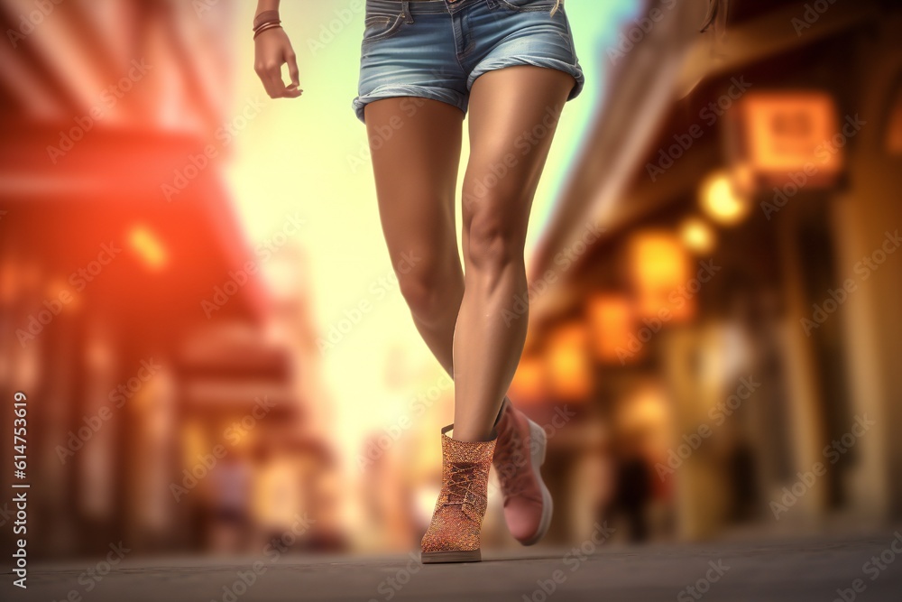 Beautiful woman wearing vibrant short shorts walking flexing legs ...