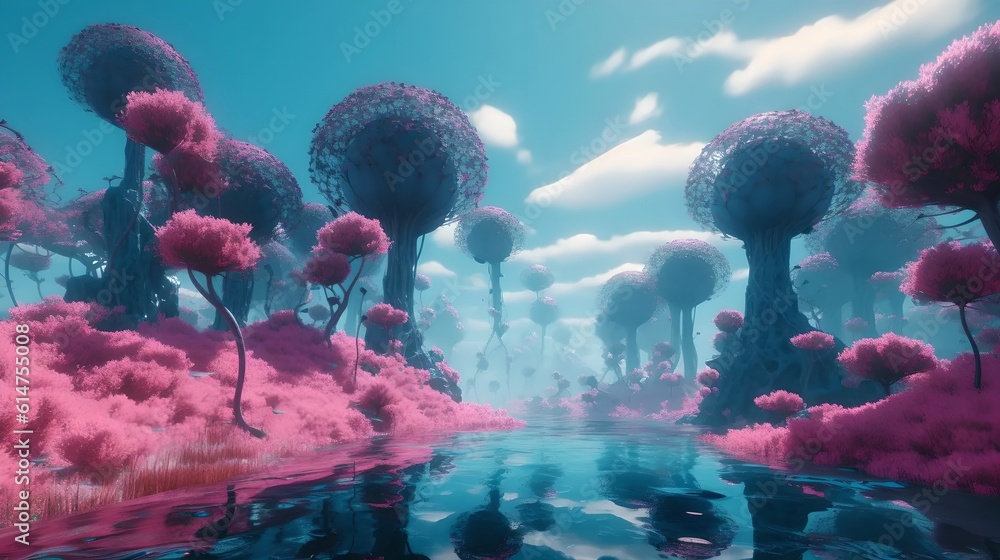Surreal cyberpunk landscape with pink iris forest, hyper-realistic ...