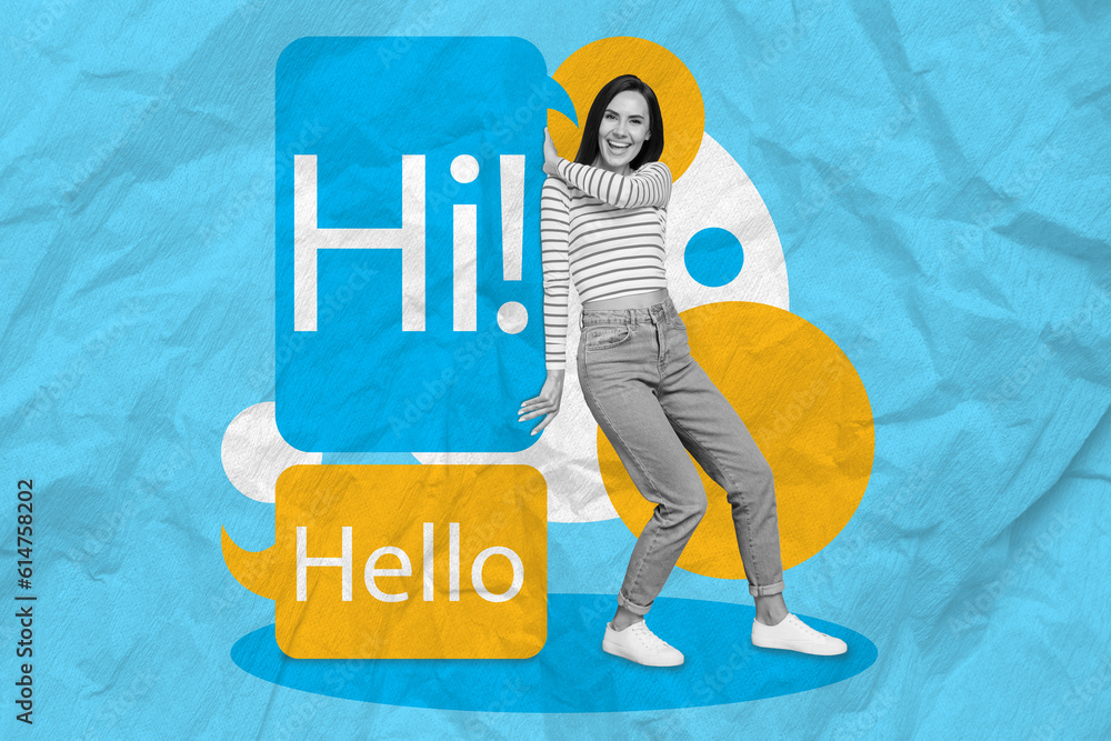 Composite collage picture of mini black white colors girl push big ...