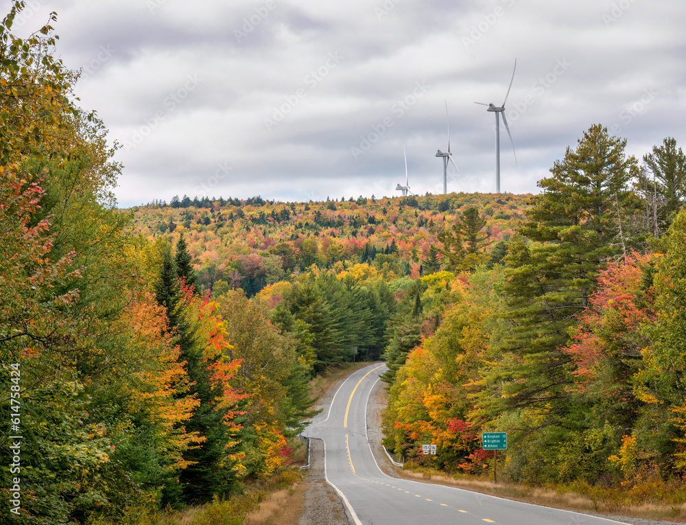 Autumn colors - Wind turbines in rural Maine highway 16 Stock Photo ...