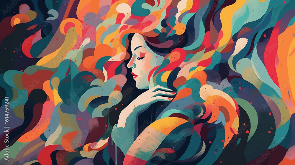 abstract colorful background of a woman surrounded by waves Stock ...