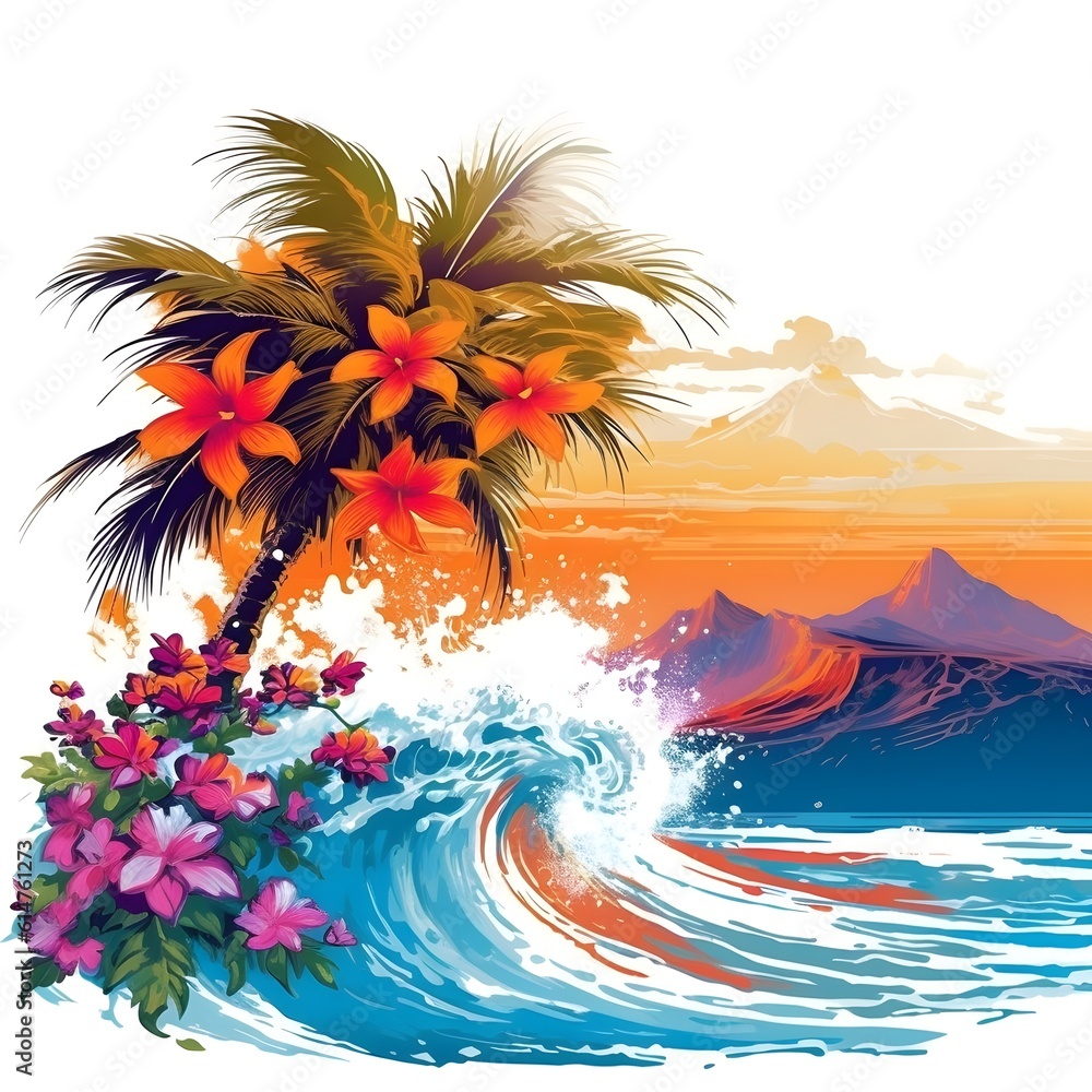 Summer Waves and Palm Tree Clipart. Generative AI Stock Photo | Adobe Stock