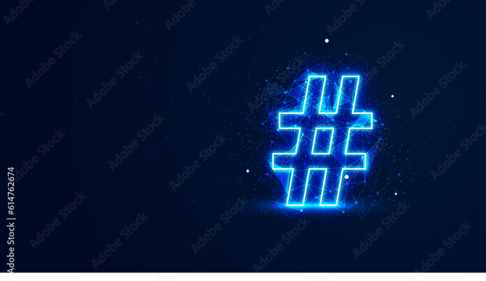 Futuristic glowing hashtag symbol with plexus lines and glitter ...