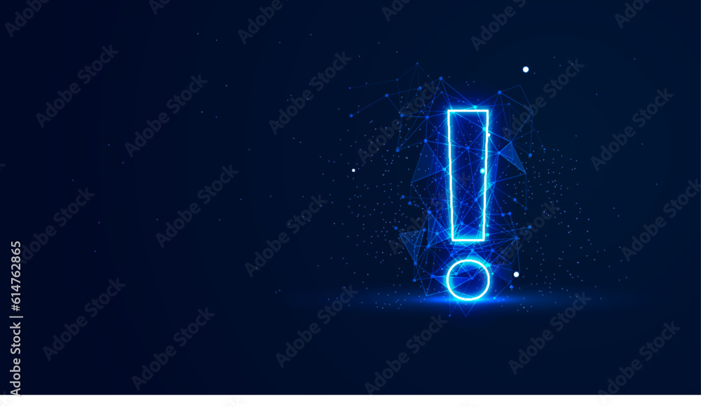 Futuristic glowing exclamation mark with plexus lines and glitter ...