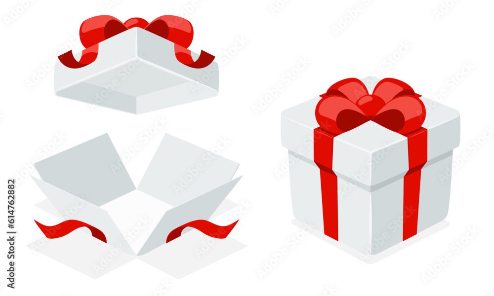 Open a cute mystery gift box with a red ribbon on isolated white ...