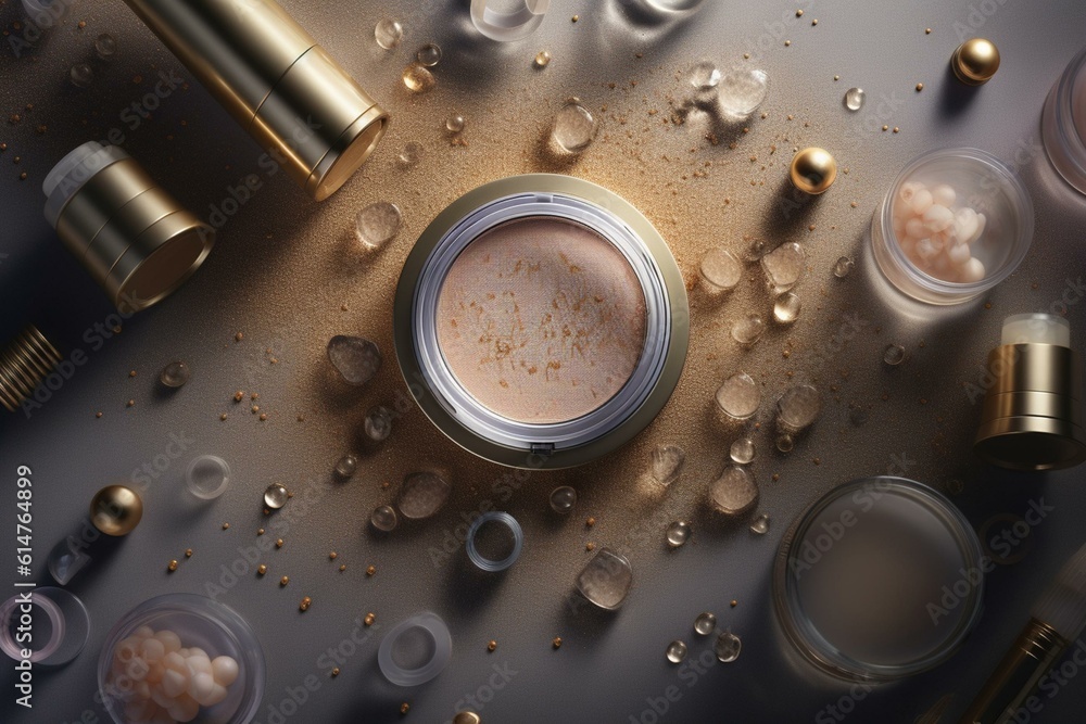 Cosmetic product and petri dish on neutral background, from above ...