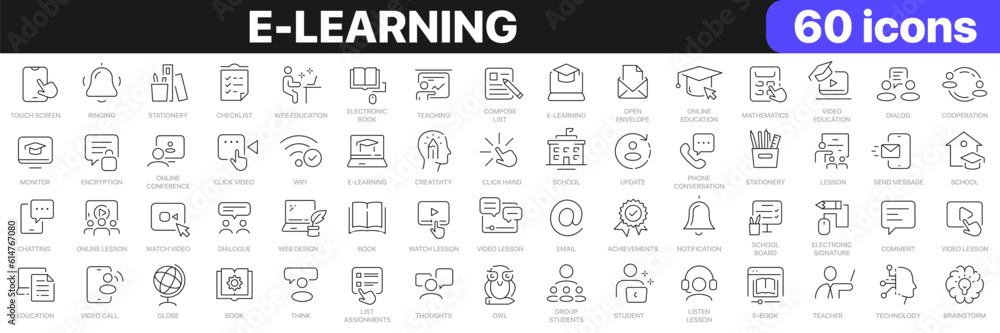 E-learning line icons collection. Education, school, knowledge, online ...