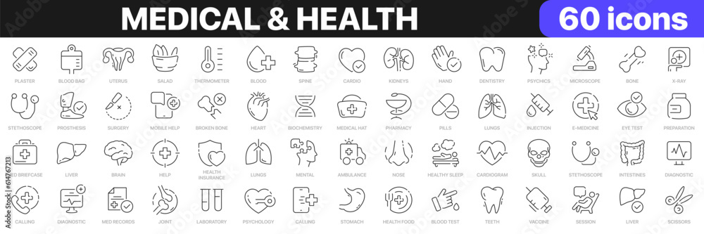 Medical and health line icons collection. Ambulance, hospital, medicine ...