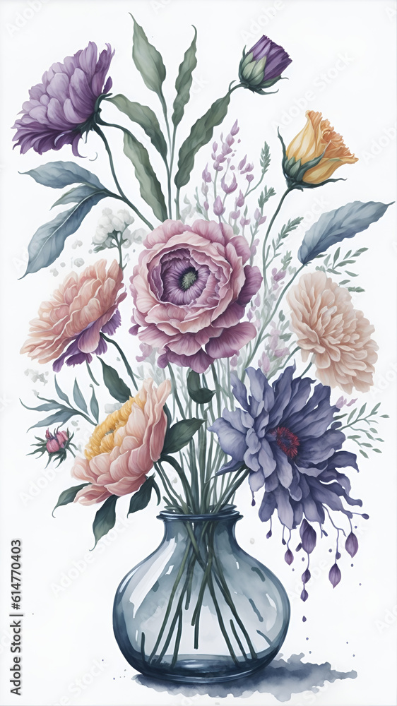 AI Generative, Vase of flowers clipart white background scattered ...