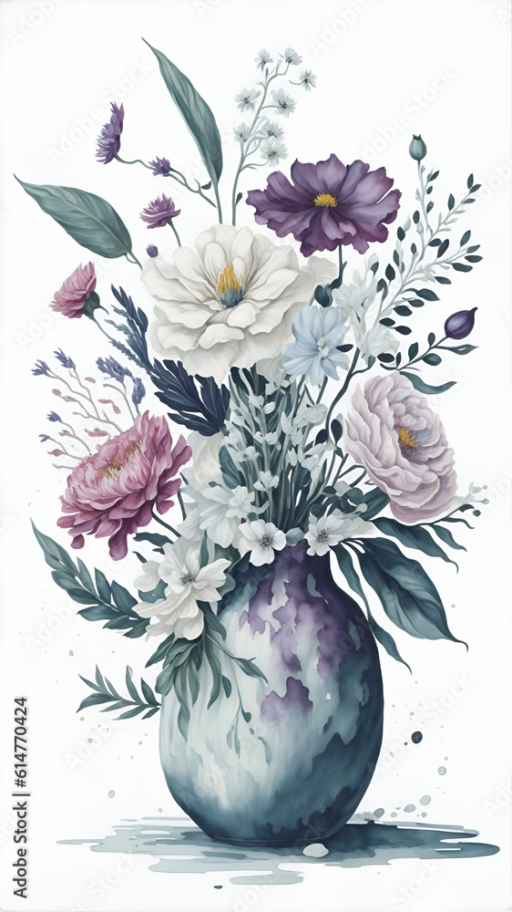 AI Generative, Vase of flowers clipart white background scattered ...