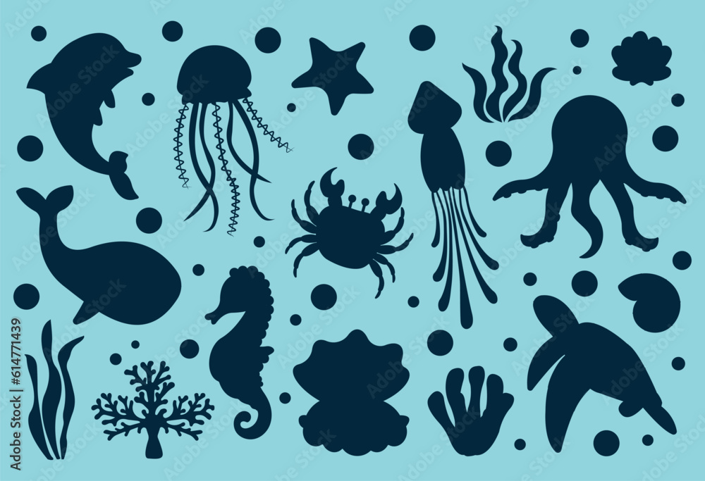 Set of sea animals and fish silhouettes. Marine underwater life. Vector ...