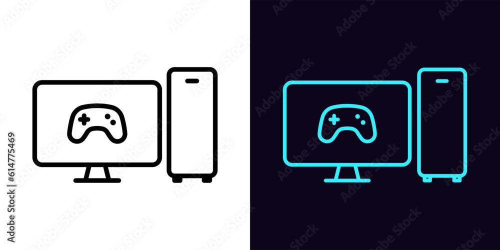 Outline gaming pc icon, with editable stroke. System unit and monitor ...
