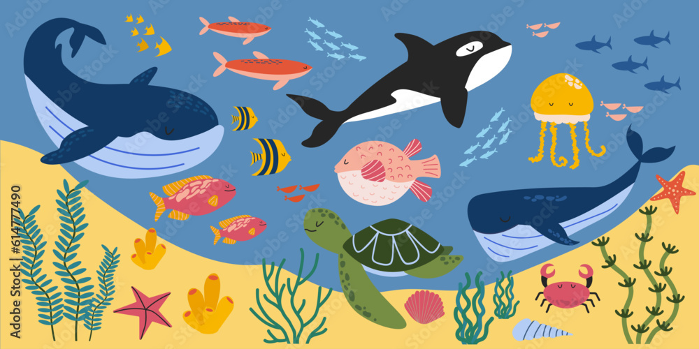 Big vector set of the underwater world. Horizontal banner of cave ...