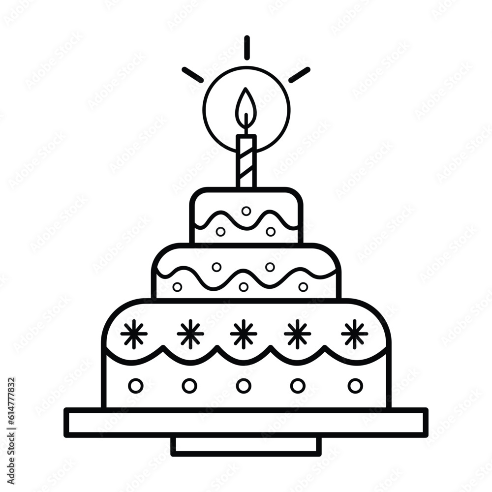 Three layer birthday cake with one candle and icing vector icon outline ...
