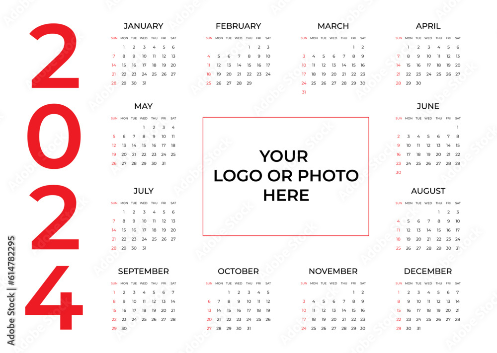 Yearly one page calendar for 2024. Business calendar with place for ...