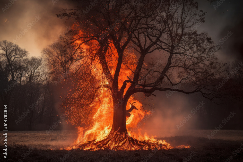 Fiery tree silhouette against a stunning sky, a powerful symbol of the ...