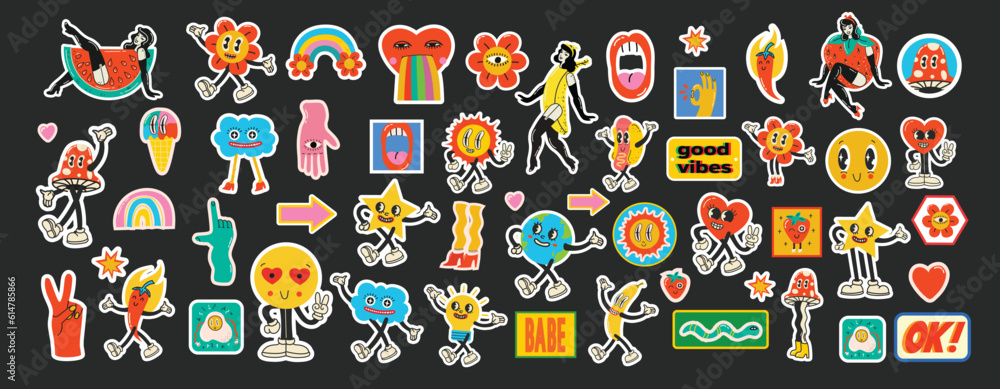 Retro cartoon stickers with funny comic characters and gloved hands ...