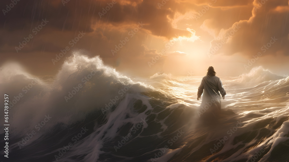 Jesus Christ walking on water. Storm with huge waves. AI generated ...