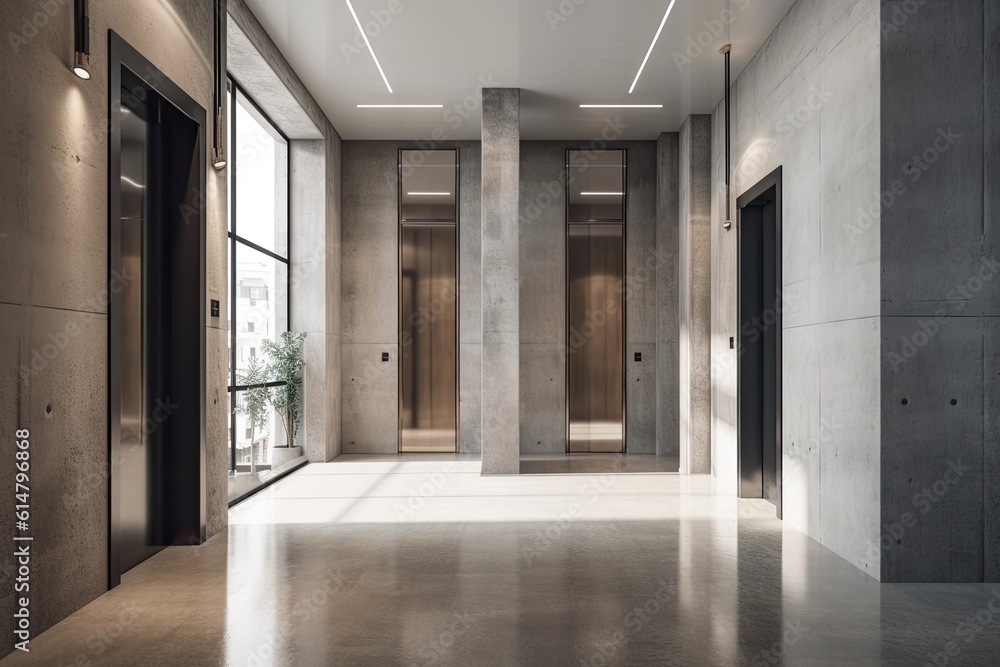 Two gray elevators are located in an empty office foyer. Concrete ...