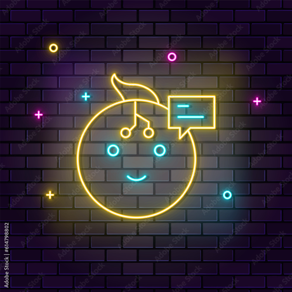 Robot, talk, chat bobble icon , neon on wall. Dark background brick ...