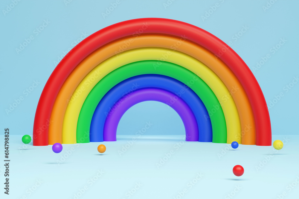 3D rendering bright rainbow arch with bouncing colorful balls on light ...