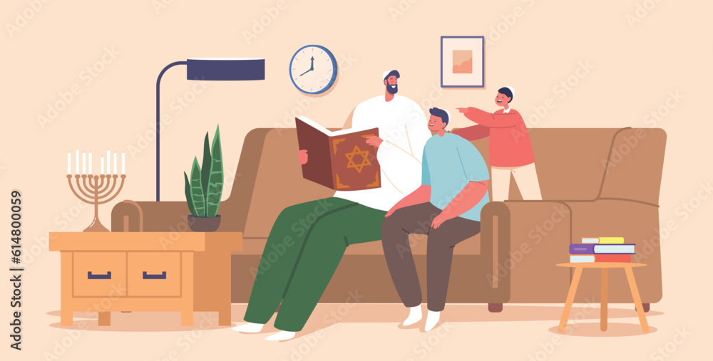 Jewish Family Characters Father with sons Gather Together, Reading From ...