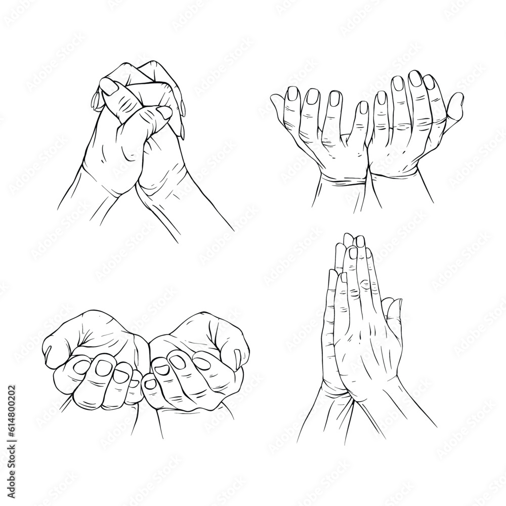 Set prayer hand collection drawn gesture sketch vector illustration ...