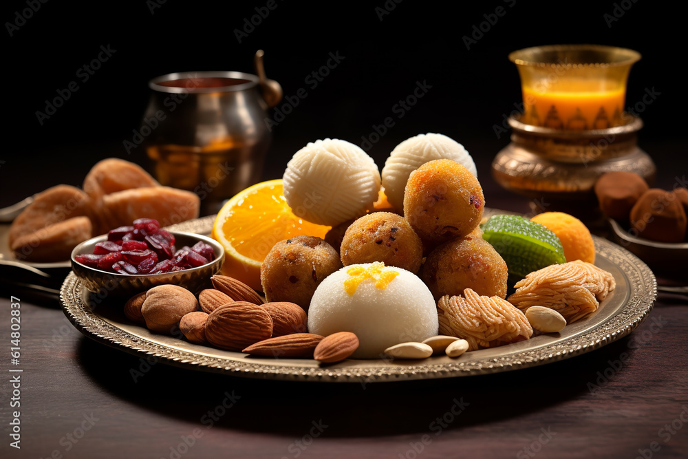 Indian sweets in a plate includes Gulab Jamun, Rasgulla, kaju katli ...