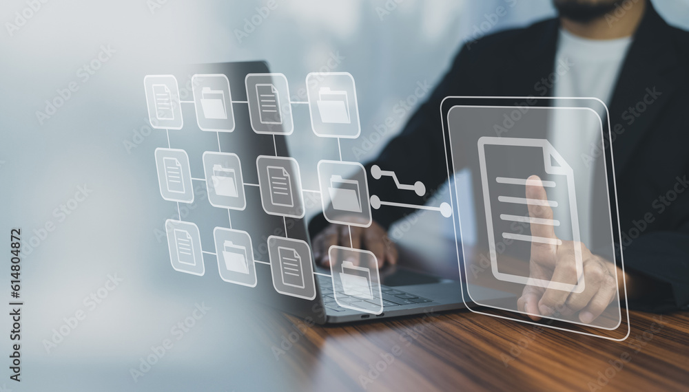 Documents management information system concept, Businessman using ...