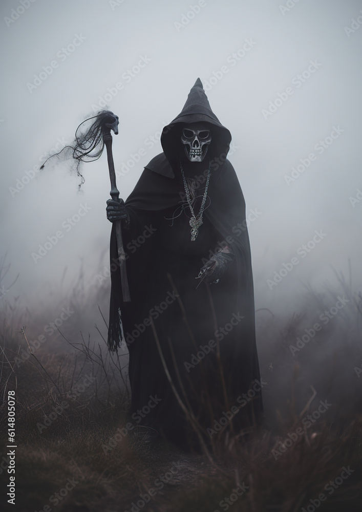 Grim reaper standing in the fog at night photo of personification of ...