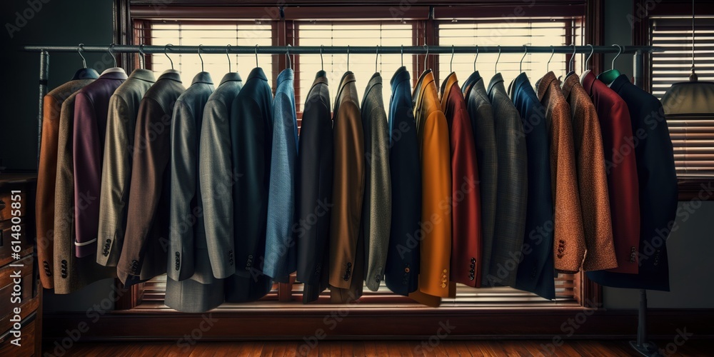 ภาพประกอบสต็อก Clothes rack filled with mix of business suits, concept ...