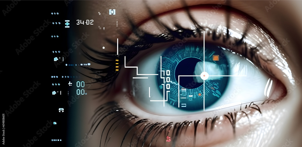 Woman eye with digital coding iris screen. Concept of iris recognition ...
