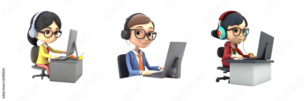 3d cartoon characters girls with headphones and computer. The concept ...