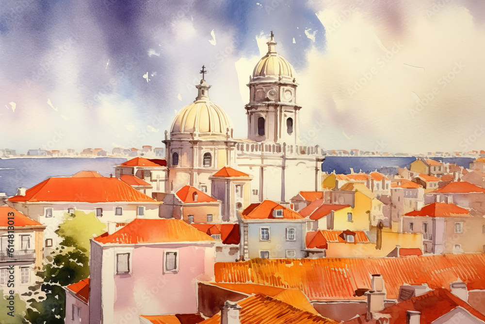 lisbon illustration. Capital of portugal. drawing with watercolor ...