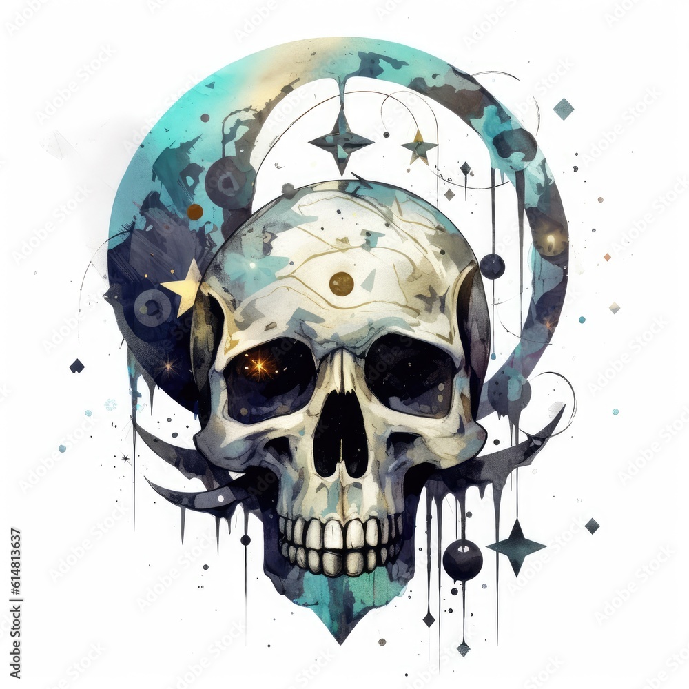 Skull and stars watercolor illustration, clipart, cute abstract art ...