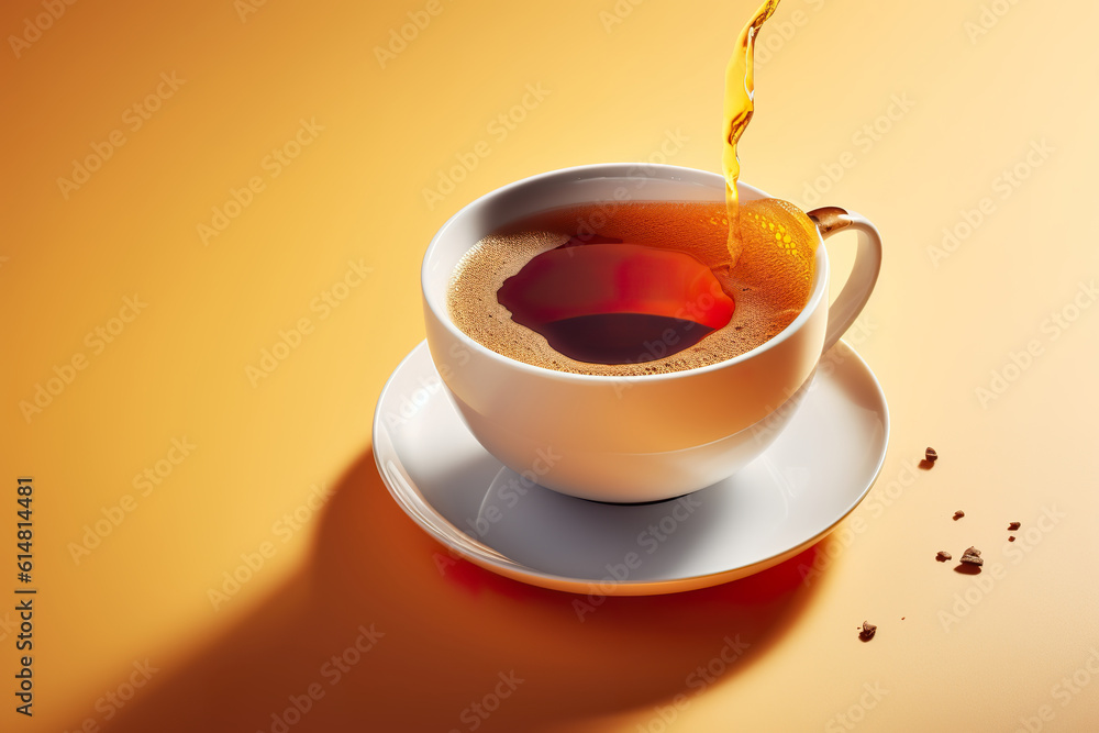 Morning cup of tea with brown tea splashing in it. Tea cup overflowing ...