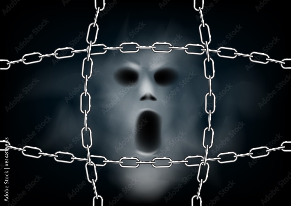 the head of the ghost behind a grid of chains, a realistic illustration ...