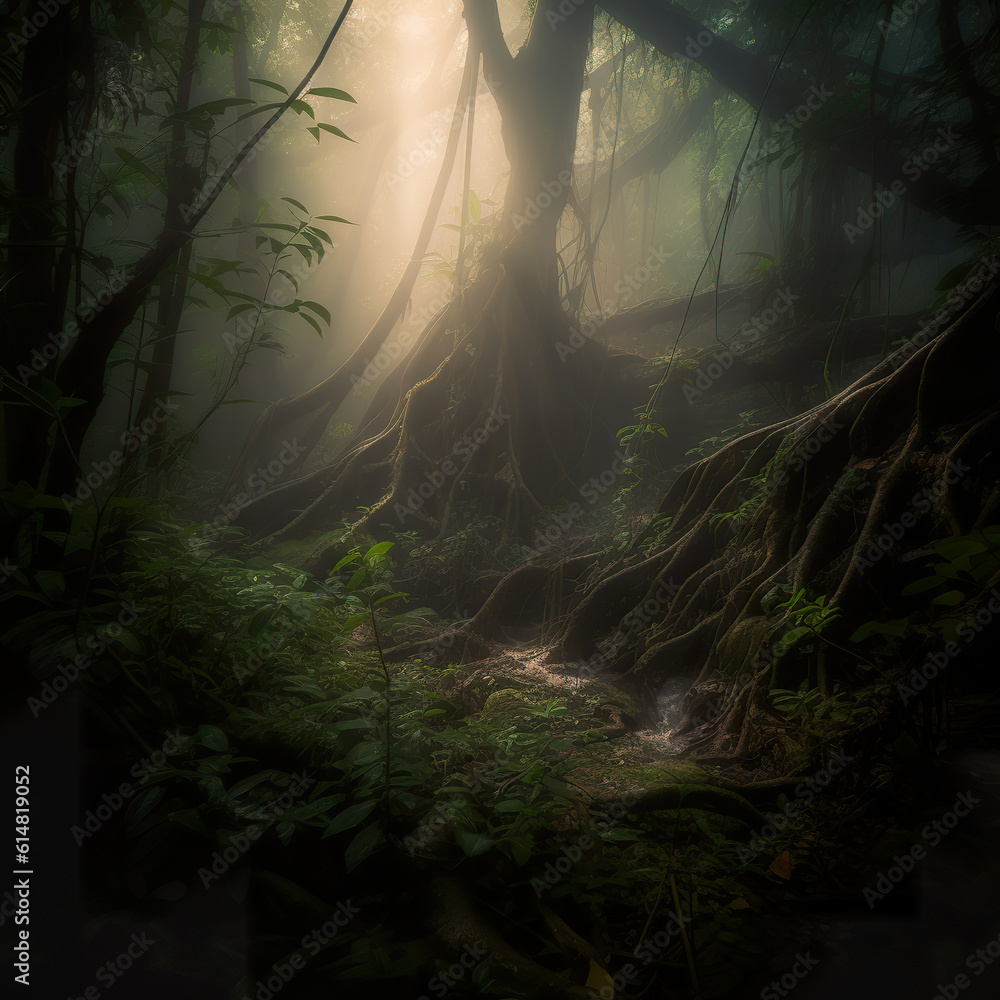 Light and shadow of banyan tree roots on the forest ground for nature ...