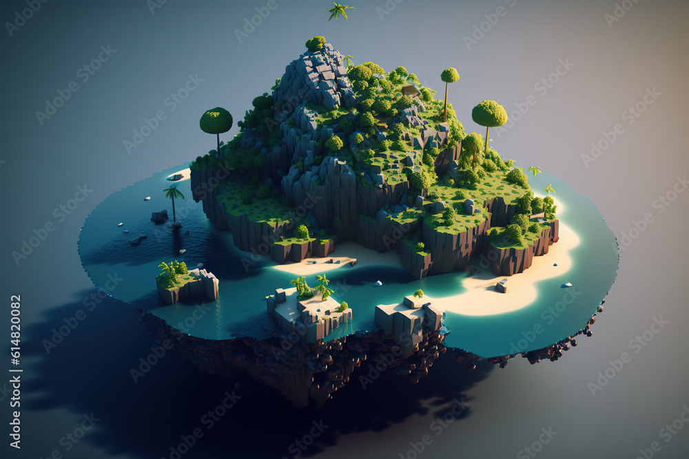 mountains and trees on ocean, voxel style of nature view, water and ...