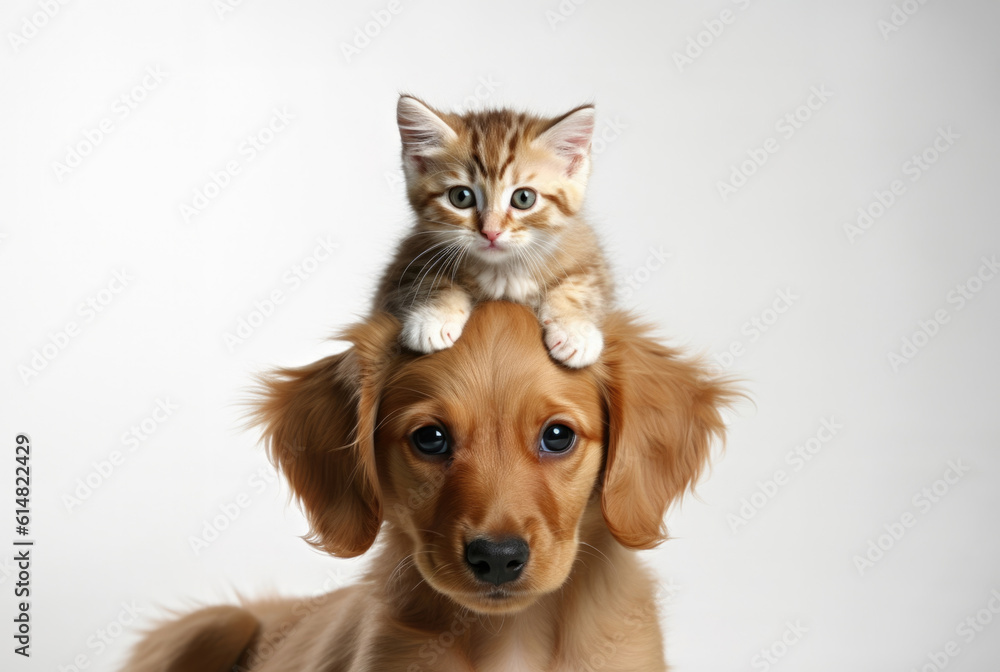 cute kitten climbing on puppies head. young dog and young cat together ...