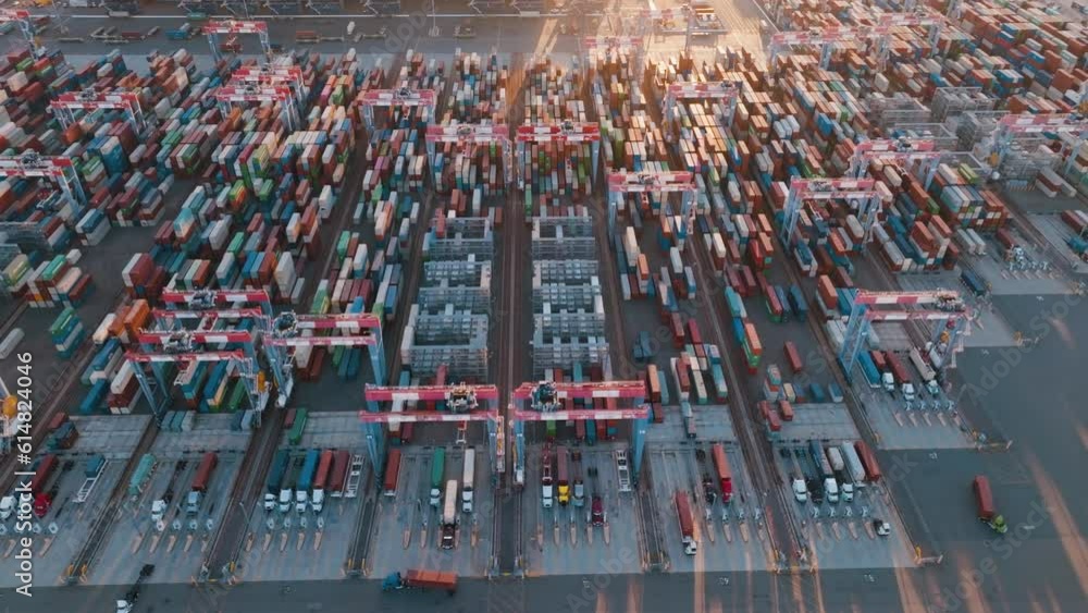 Container terminal port aerial topdown. Aerial top view footage of ...