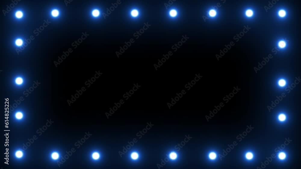 Led light board sign retro on black background. Bright blue light bulbs ...