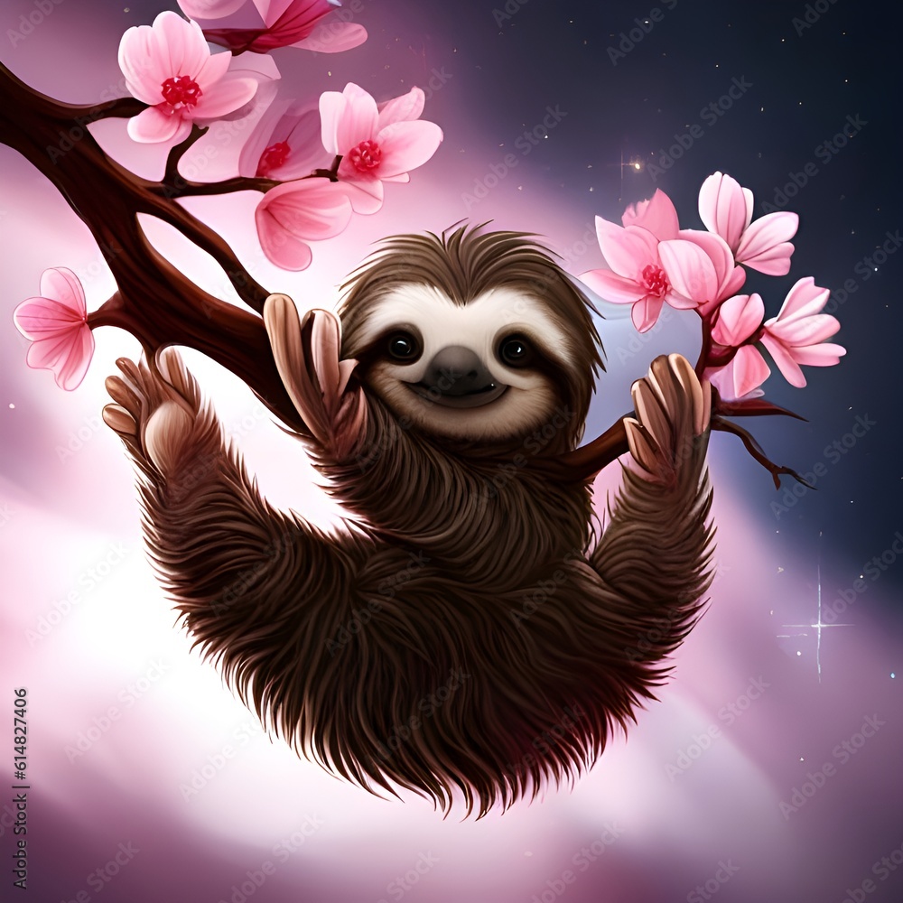 Cartoon image of cute, smiling sloth hanging from flowering tree, over ...