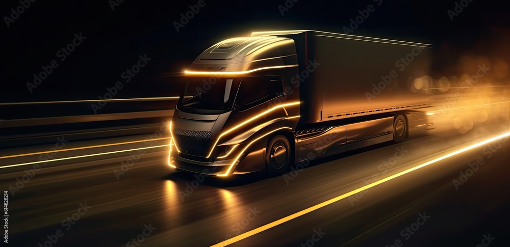 illuminated truck traverses an empty road, casting a vibrant glow on ...