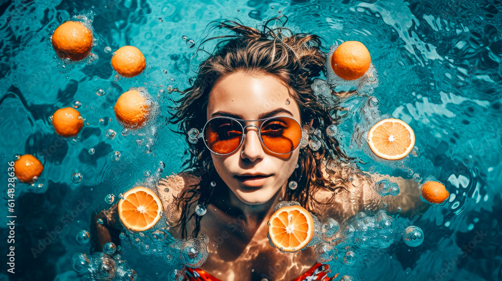 Beautiful Girl Floating On Water With Fresh Tropical Fruits. Resort ...