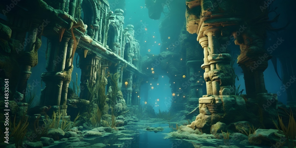 Underwater ocean ruins. Lost City of Atlantis. Crumbling deep sea ...