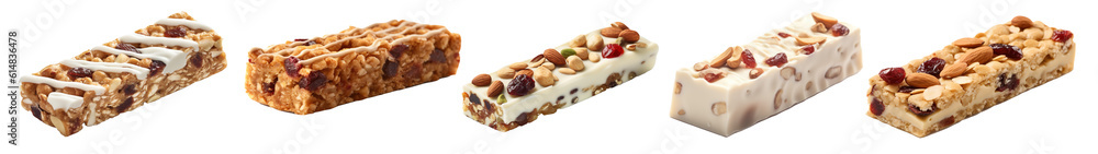 Set with different delicious granola protein bars on transparent ...