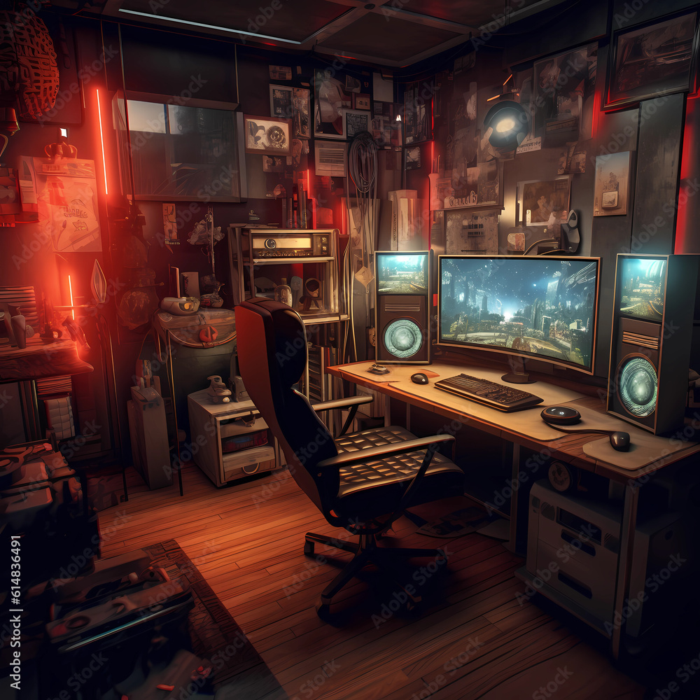realistic gaming setup room Stock Illustration | Adobe Stock